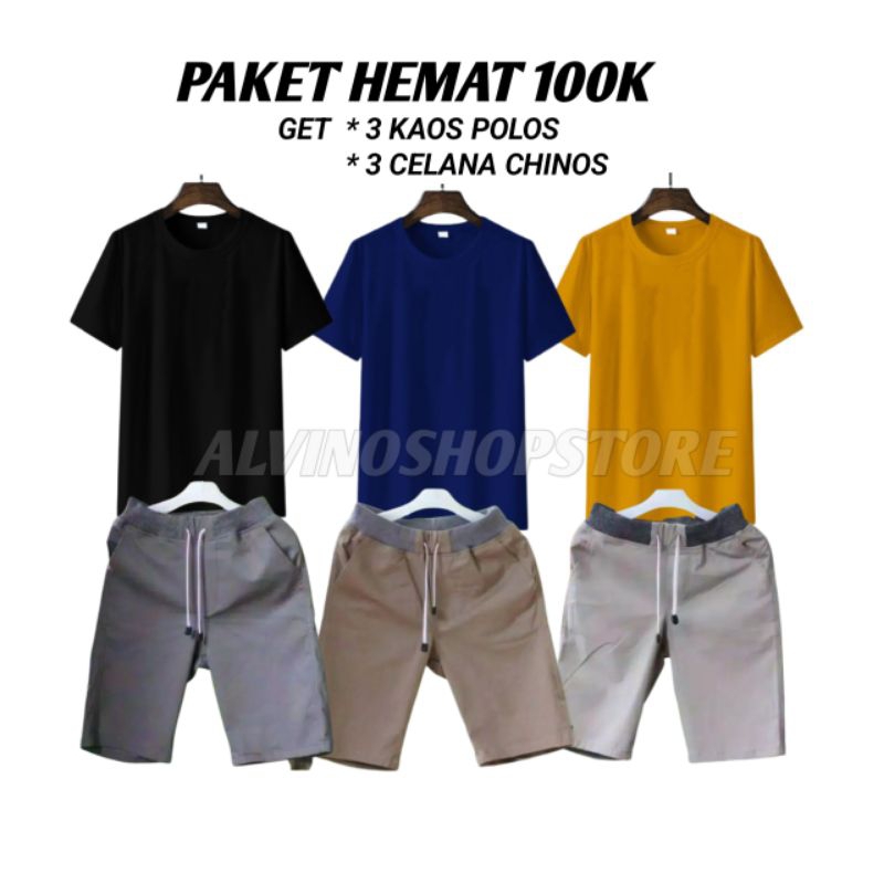 Jual PAKET HEMAT 3 KAOS POLOS + 3 CELANA CHINOS / Set pakaian pria ...