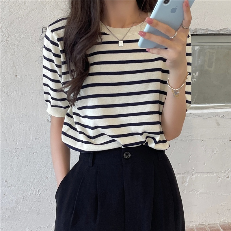 Jual The Monseur Gallery Kaos Rajut Lengan Pendek Wanita Import Knit Crop Top Striped T-shirt ...
