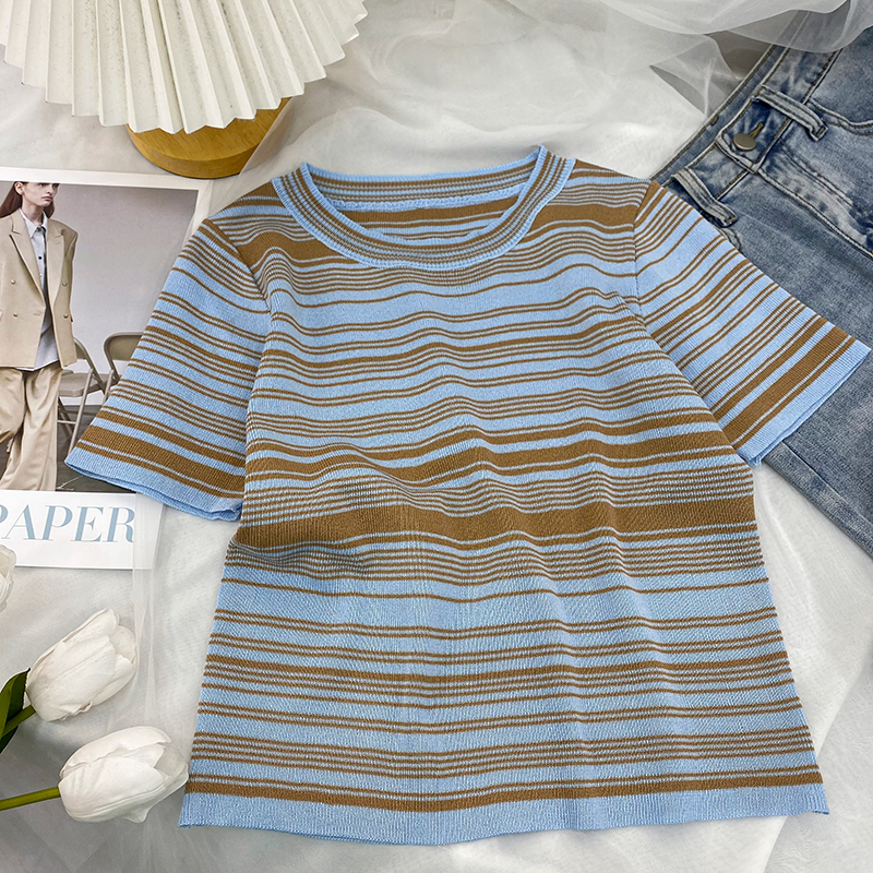 Jual The Monseur Gallery Kaos Rajut Lengan Pendek Wanita Import Knit Crop Top Striped T-shirt ...