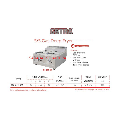 Jual Getra Stainless Steel Gas Deep Fryer OL-GFR-60 Penggorengan Gas ...