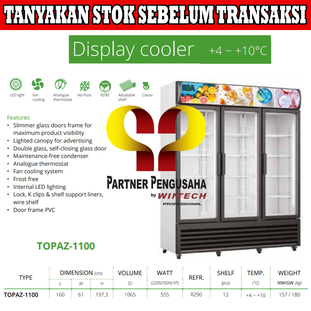 Jual RSA TOPAZ-1100 Showcase 3 Door Display Cooler Kulkas Pendingin ...