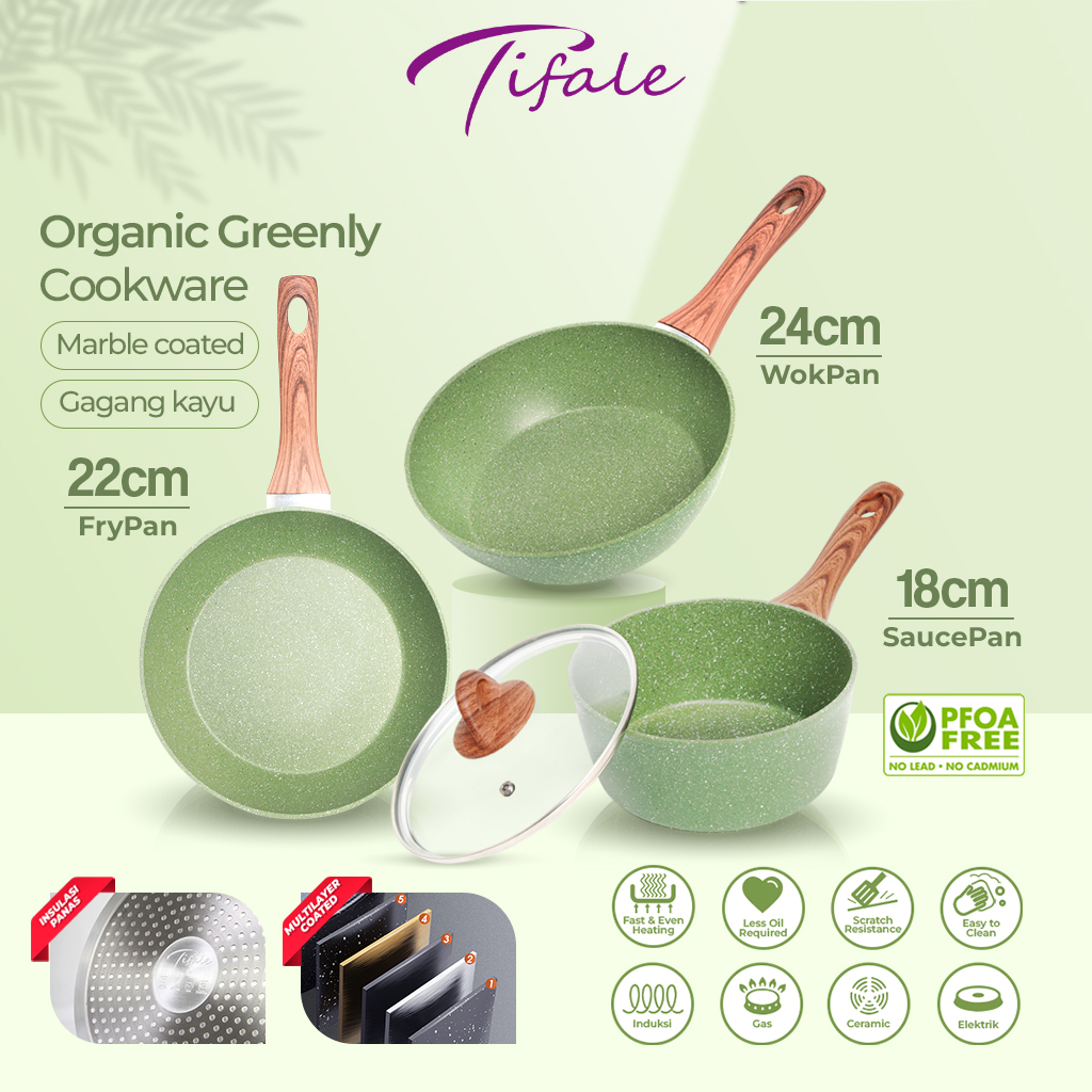 Jual Tifale Organic Greenly SET Cookware Marble Coated Anti lengket Handle Bakelite Silicone ...
