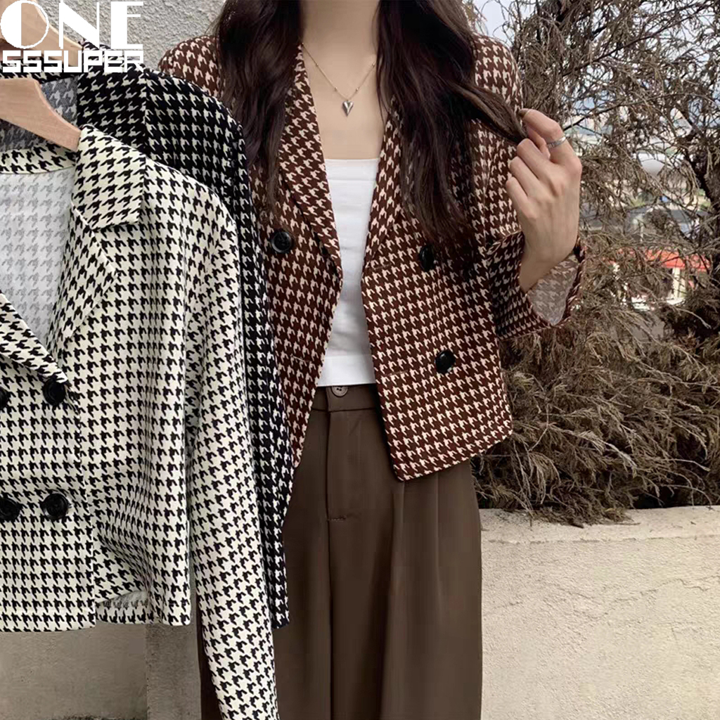 Jual blazer wanita blazer pendek kotak-kotak Atasan pinggang tinggi ...