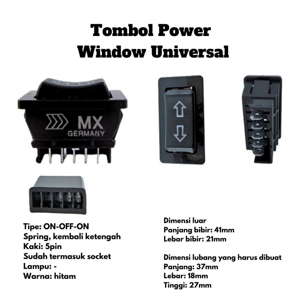 Jual Saklar Power Window + Socket 5 pin On Off On Tombol Spring Power ...