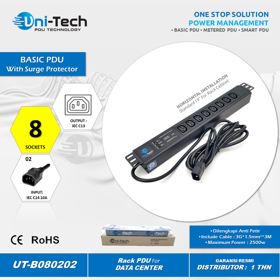 Jual PDU 8 Sockets C13 with SP Input IEC C14 10A | Shopee Indonesia