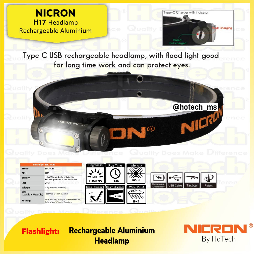 Jual NICRON Headlamp H17 | Senter LED 500 Lumens | Jarak 25 Meter ...