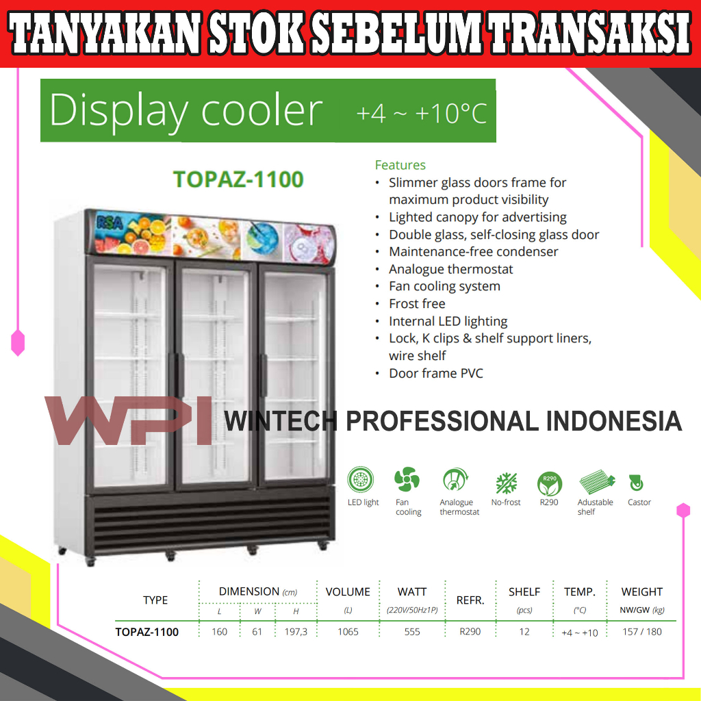 Jual RSA TOPAZ-1100 Showcase 3 Pintu Display Cooler Lemari Kaca ...