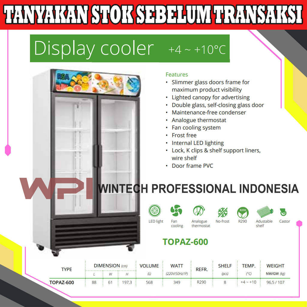 Jual RSA TOPAZ-600 Showcase 2 Pintu Display Cooler Lemari Kaca ...