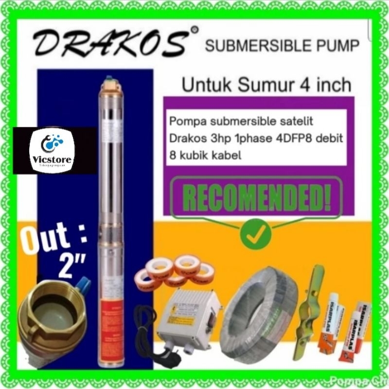 Jual Pompa satelit Drakos 3hp 1phase 4dfp8 debit 8 kubik kabel ...