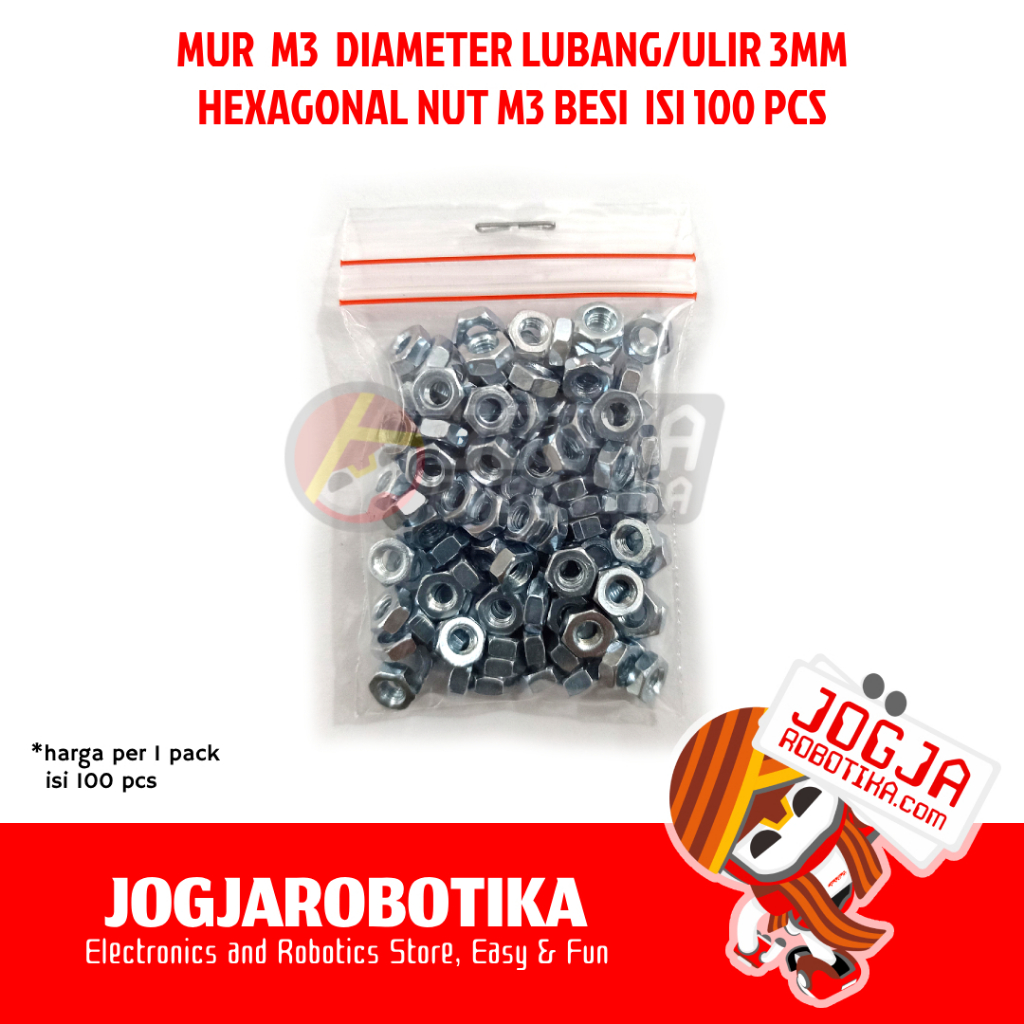 Jual PACK MUR M3 BESI HEX NUT DIAMETER LUBANG/ULIR 3MM - ISI 100 PCS ...