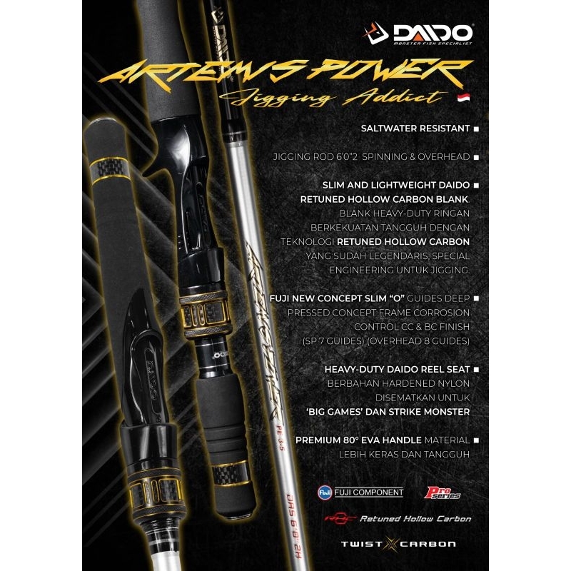 Jual Joran Daido Arthemis Power Jigging Hollow Carbon PE 1-3, PE 2-4, & PE 3-5 180cm Spinning ...
