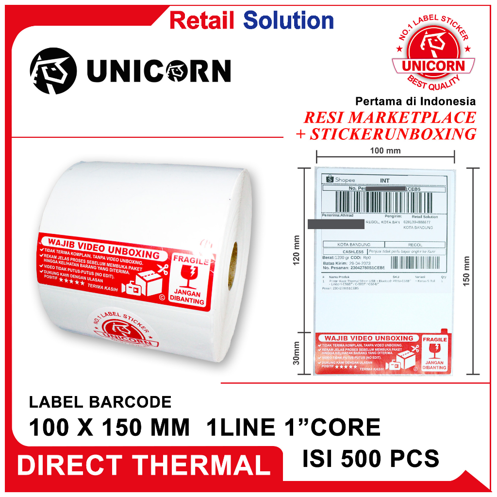 Jual Stiker Label AWB Resi Alamat Wajib Unboxing Fragile Thermal A6 ...