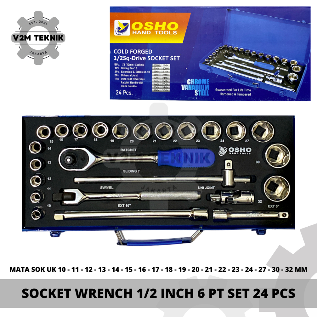 Jual OSHO Socket Wrench Set 24 Pcs / Kunci Sok 1/2" 6PT / Mata Shock 1/ ...