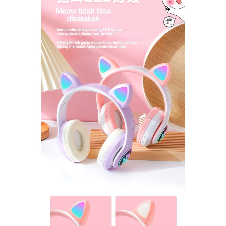 Jual [Promosi 50 buah] LED Color Light Cute Cat Ear Headphone with Mic ...
