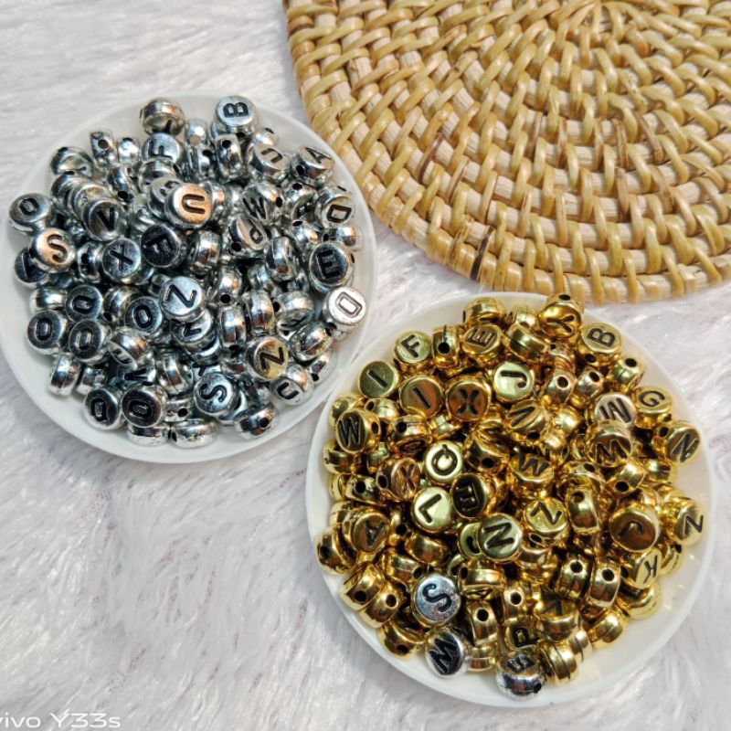 Jual Manik Mote Huruf Emas dan Silver Pipih | Shopee Indonesia