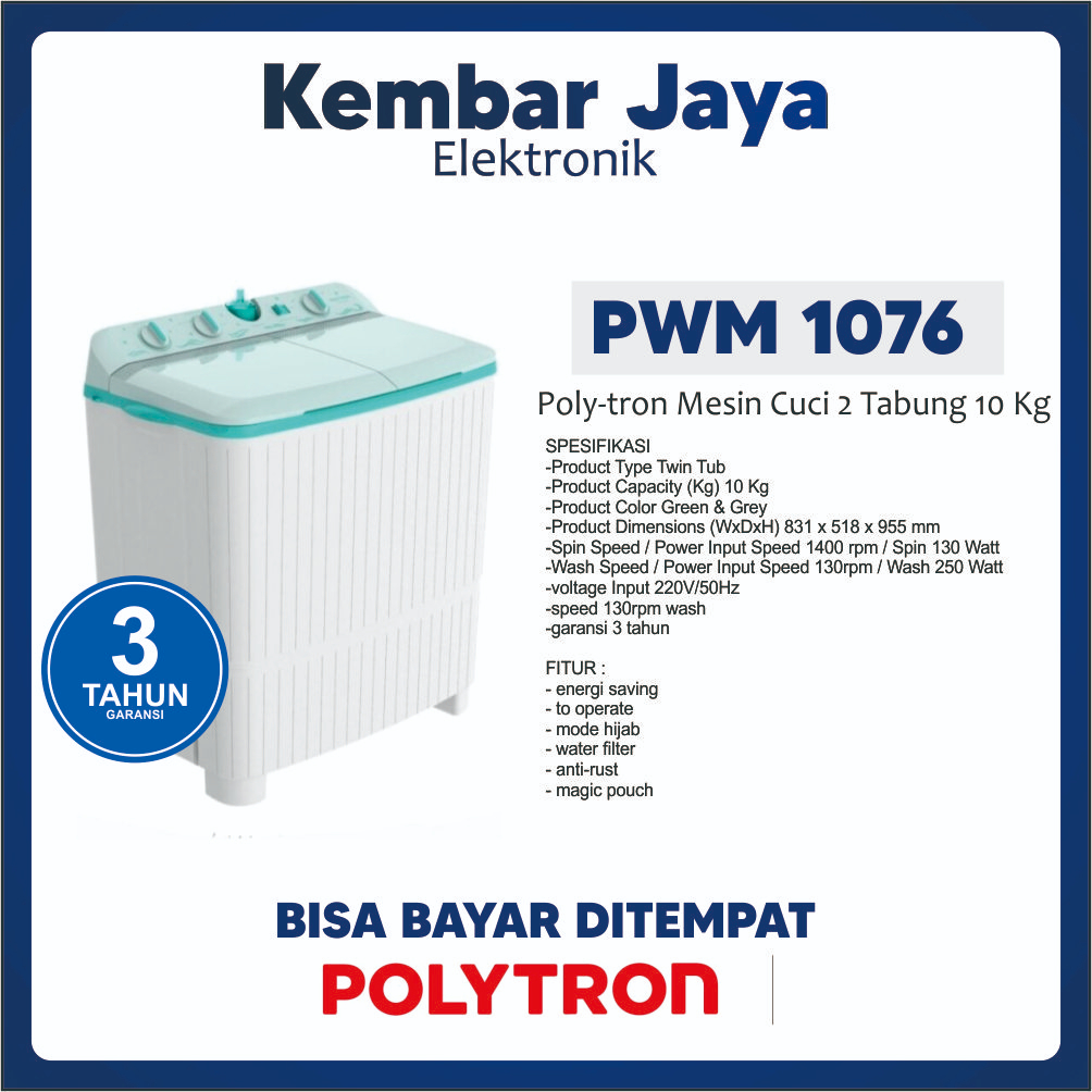 Jual MESIN CUCI POLYTRON PWM 1076 10KG 2 TABUNG PWM1076 10 KG Garansi ...