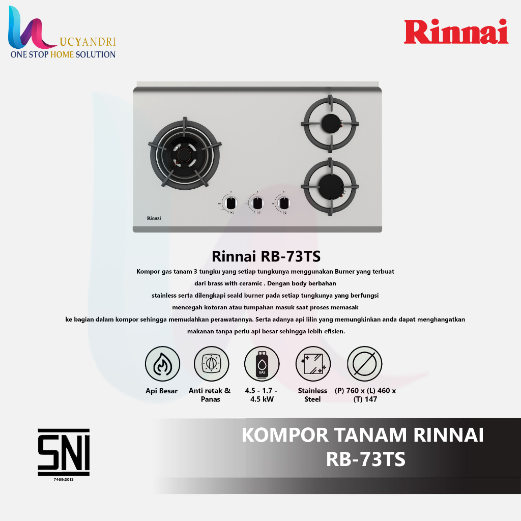 Jual Kompor Tanam Rinnai RB 73 TS / 3 Tungku Rinnai Stainless ORIGINAL ...