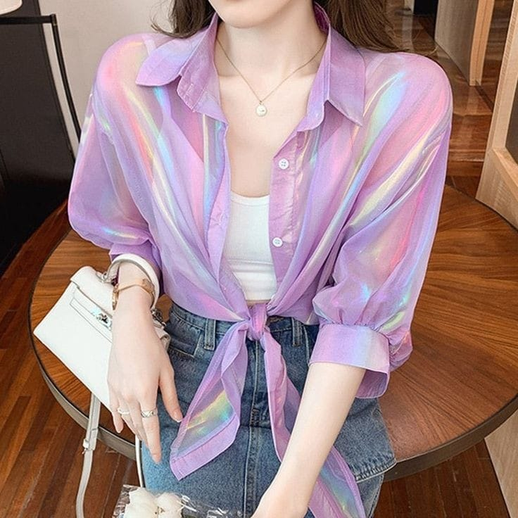 Jual Aesthetich colourful shimmer kemeja crop top// model baju ala ...