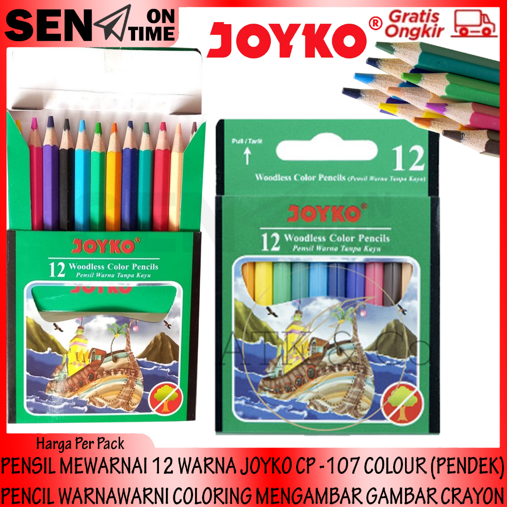 Jual PENSIL MEWARNAI PENCIL 12 WARNA JOYKO CP -107 COLOUR (PENDEK ...