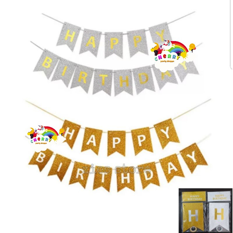 Jual CHERRYBALON Banner Happy Birthday Gold Glitter / Bunting Flag HBD ...