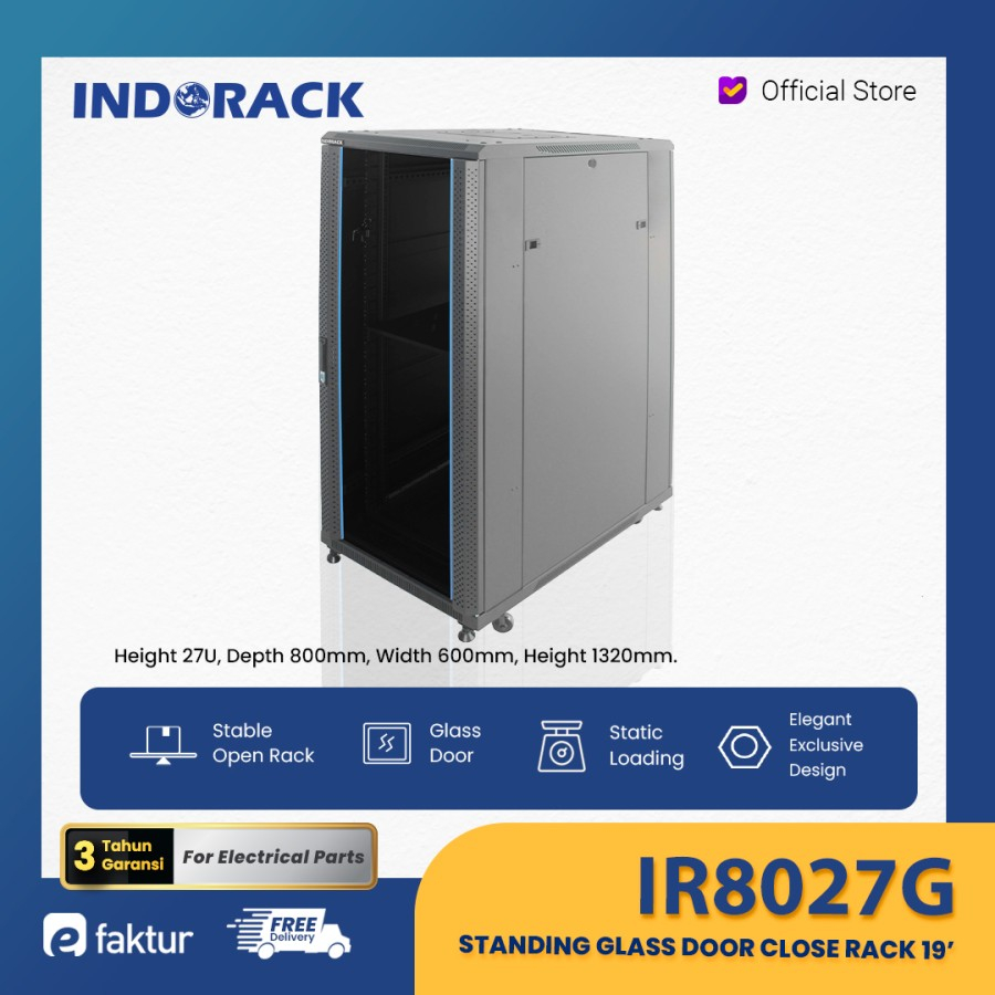 Jual IR8027G INDORACK Depth 800mm 27U Close Rack Glass Door Rak Server ...