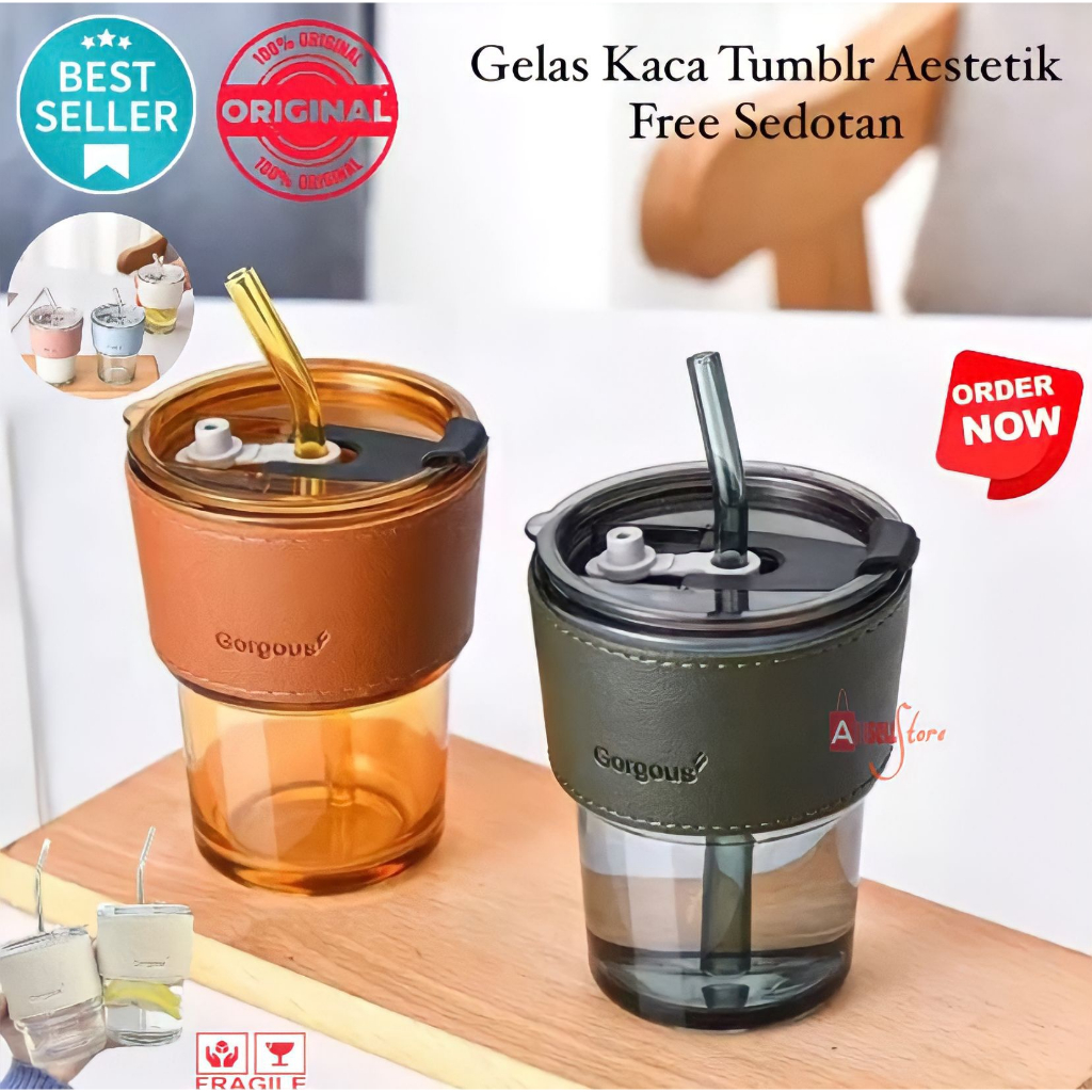 Jual (BISA COD) PROMO Gelas Kaca Tumbler Aestetik / Gelas Minum Kaca ...