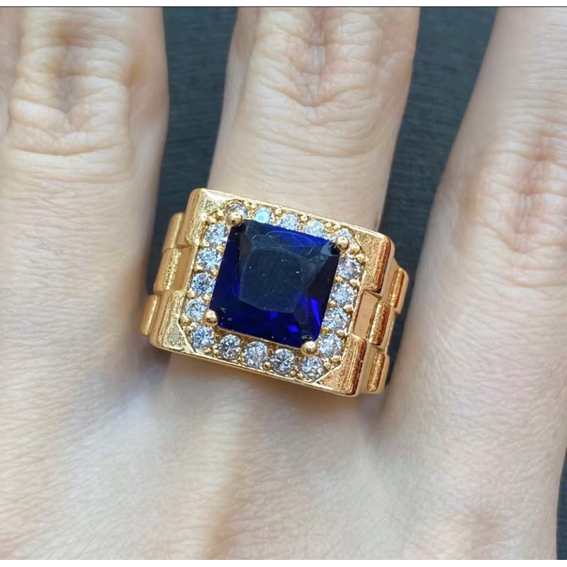 Jual Cincin Pria Kotak Batu Kristal 99LR Biru Titanium Emas 22K ...