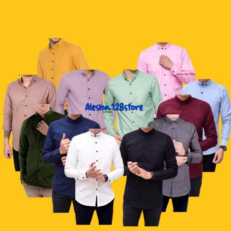 Jual Kemeja Polos Pria Lengan Panjang Katun Casual Slim Fit Hitam Biru ...