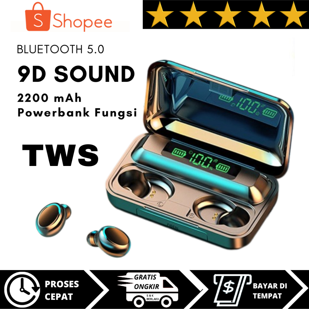 Jual Headset Bluetooth TWS F9-5 LED Smart Display with Powerbank TWS F9-5C 9D Bass Power Bank ...