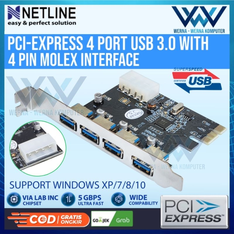 Jual NETLINE PCI PCIE EXPRESS 4 PORT USB 3.0 HIGH SPEED 5GBPS MOLEX ...