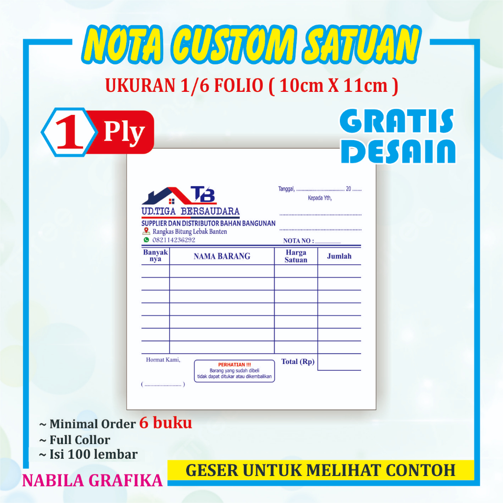 Jual Cetak Nota kecil 1/6 isi 100 lembar Bahan HVS Custom Nama toko ...
