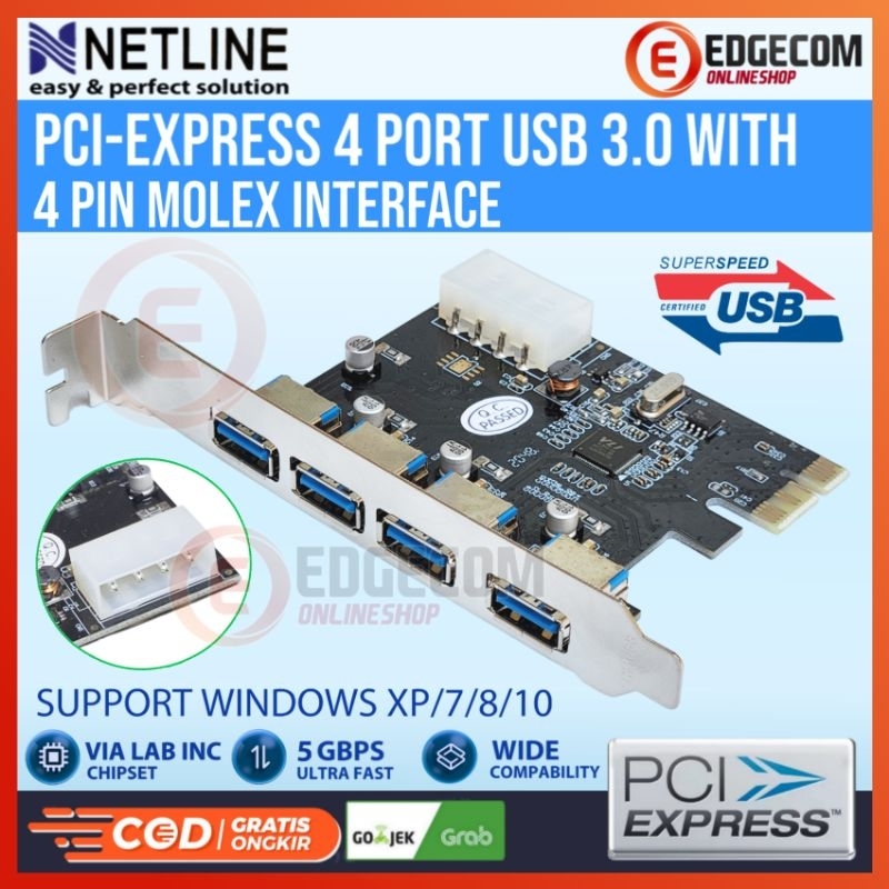 Jual PCIE / PCI Express USB 3.0 4 Port High speed 5 Gbps SATA/MOLEX POWER NETLINE | Shopee Indonesia