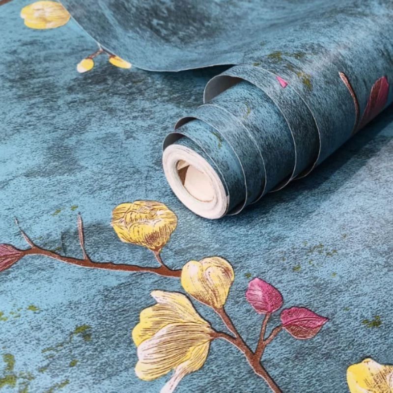 Jual Wallpaper Sticker Dinding Dasar Biru Daun Merah Dekorasi Kamar ...