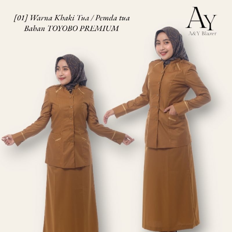 Jual [01] A&Y Blazer Baju Seragam Pemda PDH Guru / PNS Wanita Warna Khaki Tua & Khaki Muda BAHAN ...