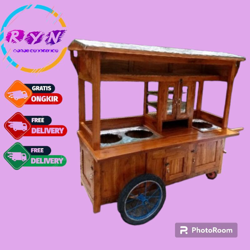 Jual gerobak bakso mie ayam roda tiga kayu jati free ongkir | Shopee ...