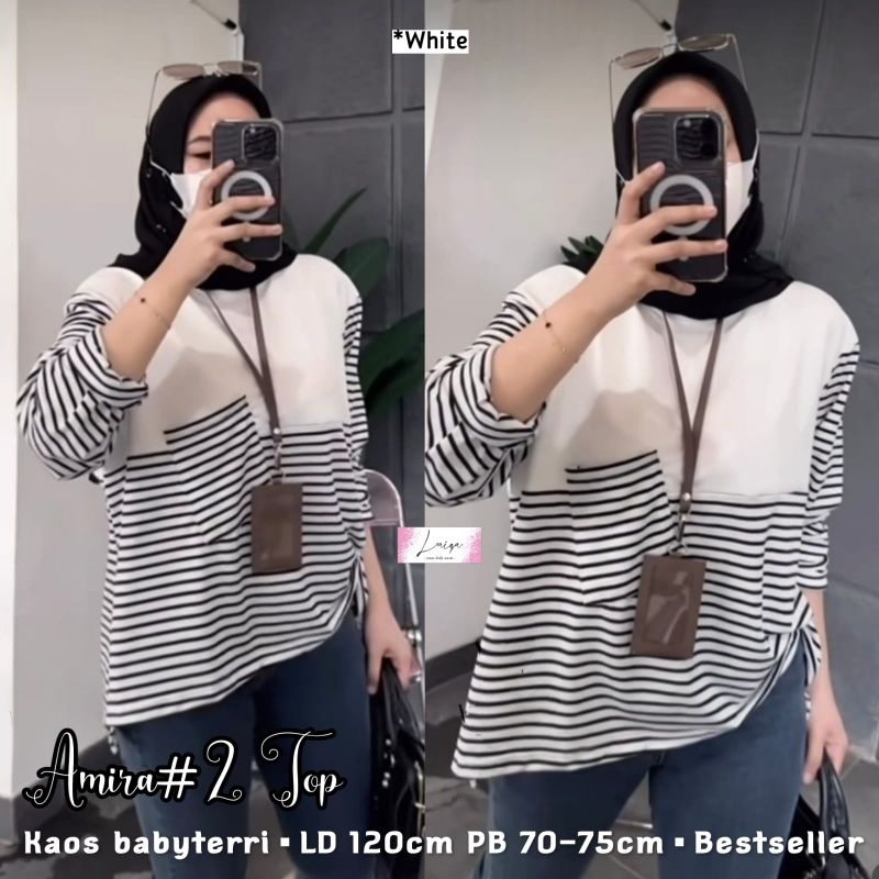 Jual amira kaos stripe import ori mpmf kaos garis garis wanita kaos lengan panjang oversize ...