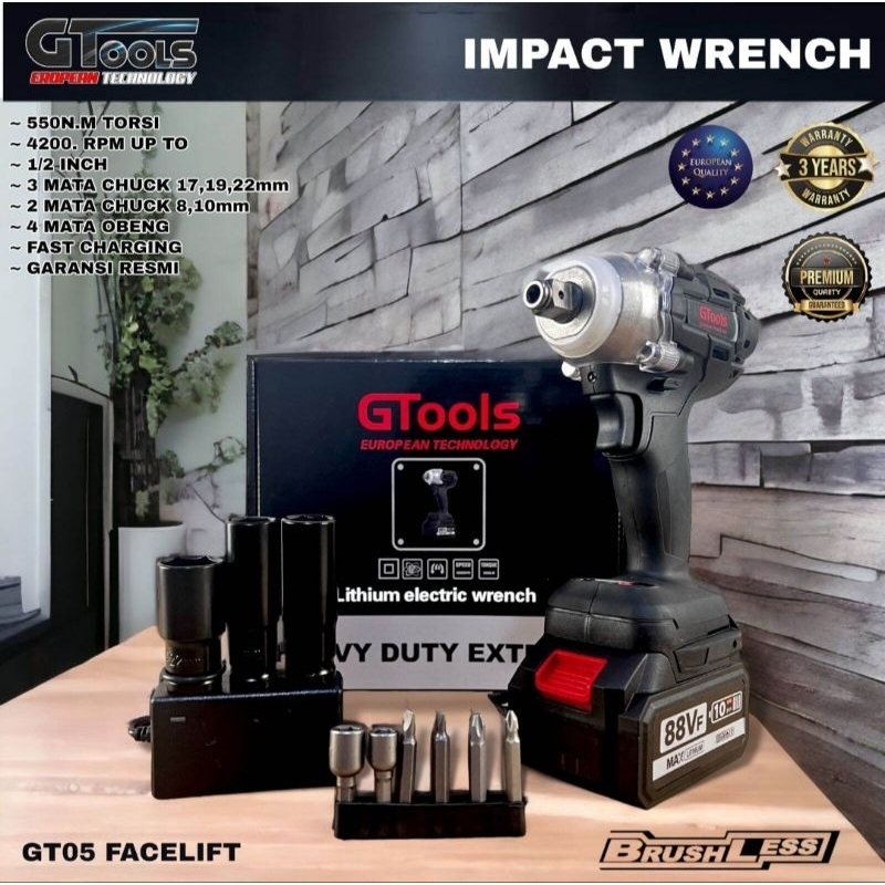 Jual impact wrench 88V GTOOLS GT05 facelift mesin pembuka baut ban mobil motor CVT baterai ...