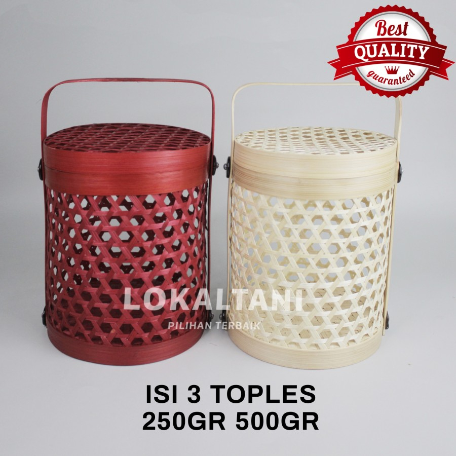 Jual Rantang Bambu / Hampers Bambu Merah Motif Segienam Muat 3 Toples ...