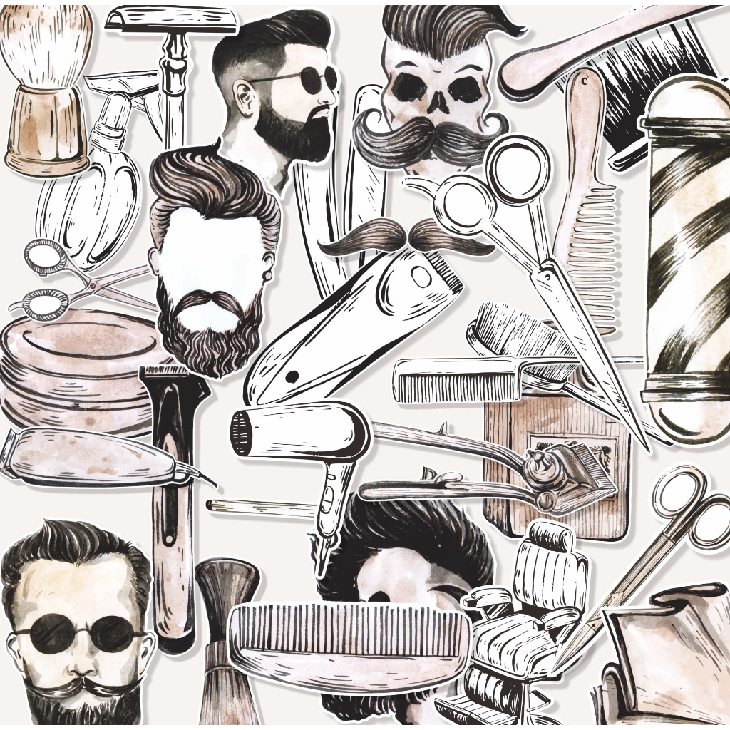 Jual (20 pcs) stiker Label murah stiker BARBER LINE ART-watercolor ...