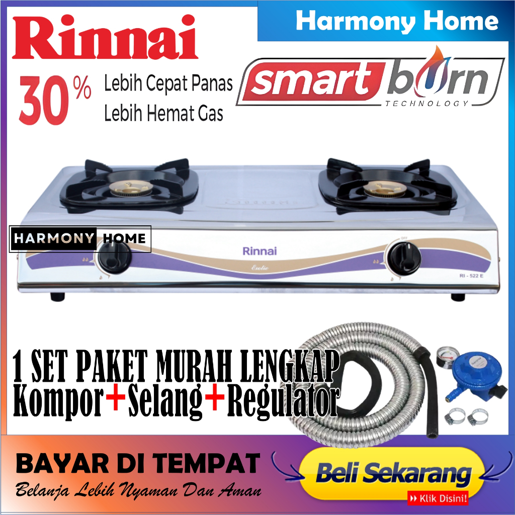 Jual Rinnai RI522E Stainless Kompor Gas Stove Teflon 2 Tungku RI-522 E ...