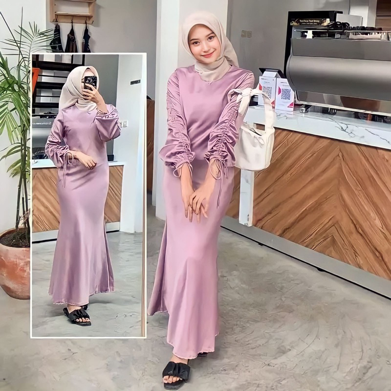 Jual Dress satin serut tangan || malay dress wanita || dress kondangan ...