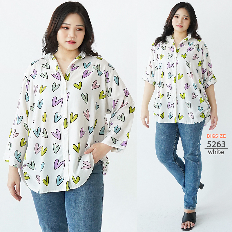 Jual BAJU ATASAN KEMEJA WANITA JUMBO BIG SIZE OVERSIZE 5263 WHITE LOVE ...