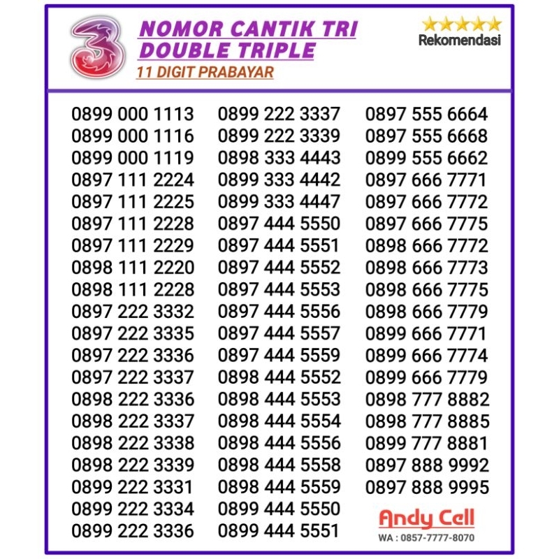 Jual nomor cantik tri 11 digit double triple/nomor cantik tri prabayar ...