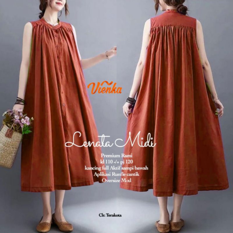 Jual Lenata Midi Dress Wanita By Vienka Bahan Linen Rami Ld 110 [ READY COD ] | Shopee Indonesia