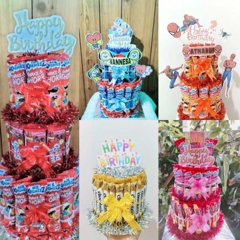 Jual Tower snack ultah, snack custom warna sesuai tema tingkatan kue ...