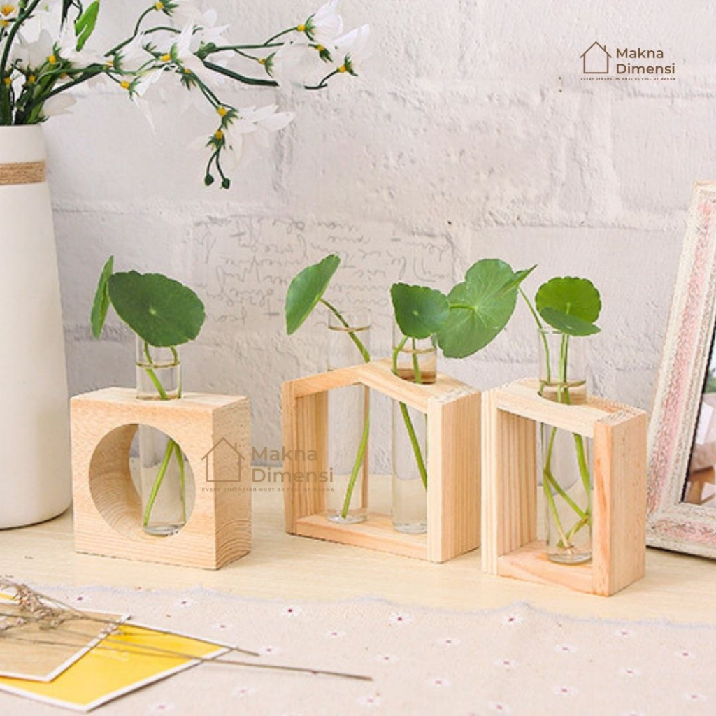 Jual Vas tabung kaca kayu hidroponik propagate tube wooden shelves vas ...