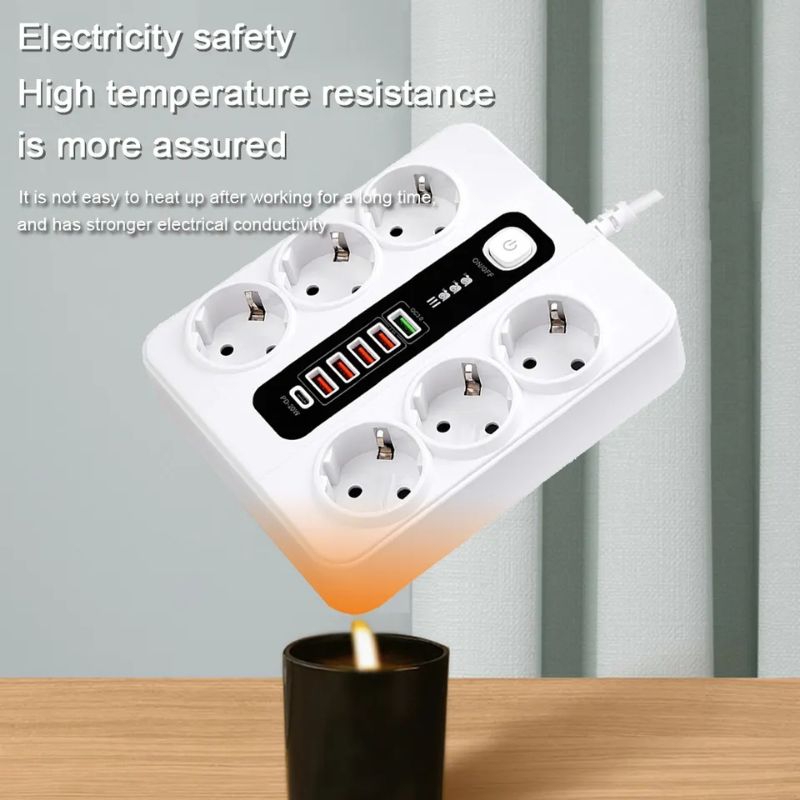 Jual 3000W Power Strip Surge Protector With 6 EU Plug and 6 USB QC3.0 ...