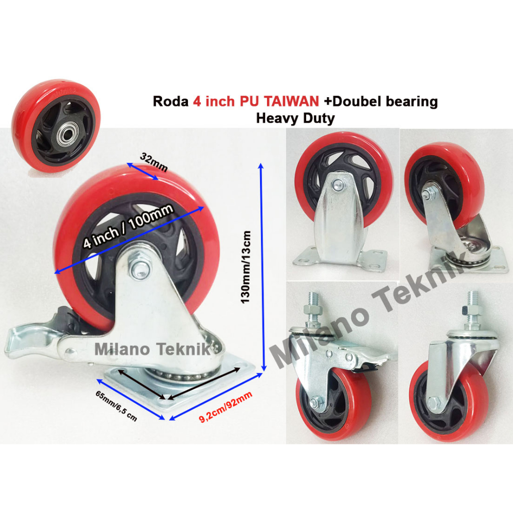 Jual Roda 4 Inch PU TAIWAN (Wheel Only-Tetap-Hidup-Rem-Screw)+Doubel ...