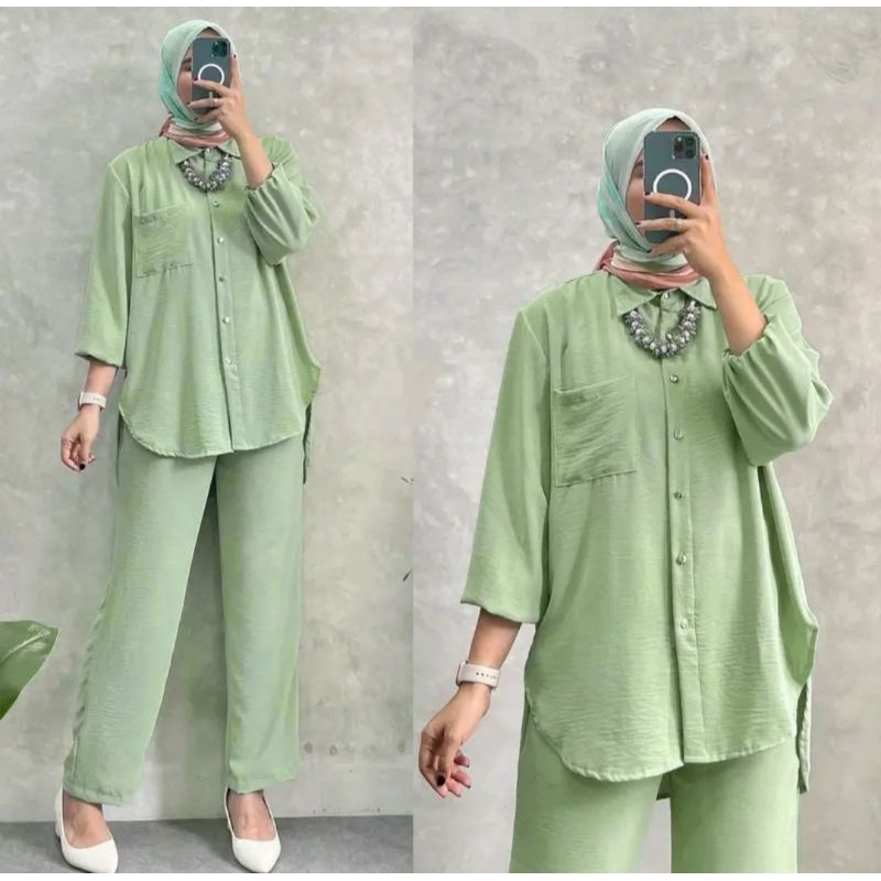 Jual ONE SET AMANDA CRINKLE//KEMEJA ATASAN SET KERAH WANITA CRINKLE ...