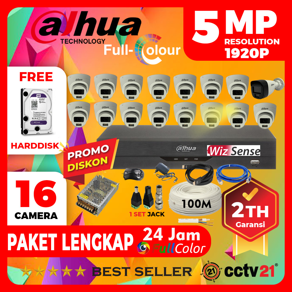 Jual Paket 16 Camera cctv 5MP ColorVu DAHUA Dual Light Full Color 24Jam ...